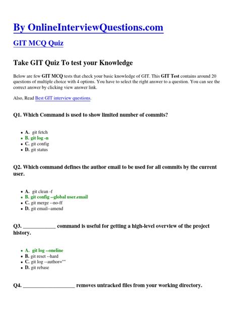 Git Mcq Pdf Version Control Multiple Choice