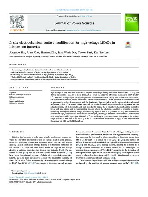 Pdf In Situ Electrochemical Surface Modification For High Voltage Licoo2 In Lithium Ion Batteries