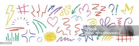 크레용 파스텔 또는 분필 질감의 움직임 요소 세트 표현력 감정 및 장식 라인은 스케치 스타일의 태양 심장 그리드 및 점으로 표시됩니다 흰색 배경에 컬러 벡터 그림 감정에