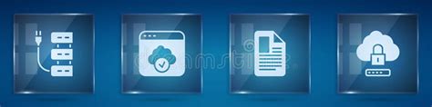 Set Server Cloud Technology Data Transfer File Document And Computing Lock Square Glass