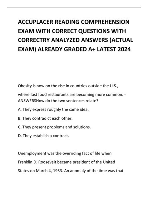 Accuplacer Reading Comprehension Exam With Correct Questions With Correctry Analyzed Answers