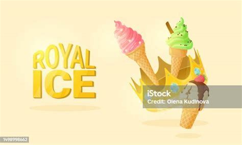 전국 아이스크림의 날 개념입니다 로얄 아이스 황금 왕관과 아이스크림 콘 벡터 그림 거품 내기에 대한 스톡 벡터 아트 및 기타 이미지 거품 내기 귀여운 금색 Istock