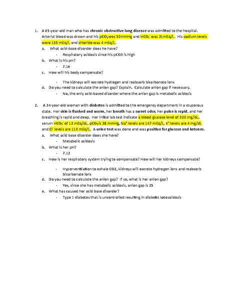 SI Activity Acid Base Questions And Answers Involved In The Acid Base Balance A 65 Year Old