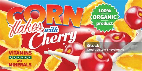 큰 우유 스플래시와 벚꽃 광고 일러스트와 함께 현실적인 콘 플레이크 광고 전단지 포스터 또는 라벨 디자인을 위한 고품질 예술 3차원 형태에 대한 스톡 벡터 아트 및 기타