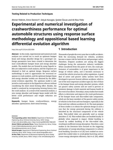 PDF Experimental And Numerical Investigation Of Crashworthiness Performance For Optimal