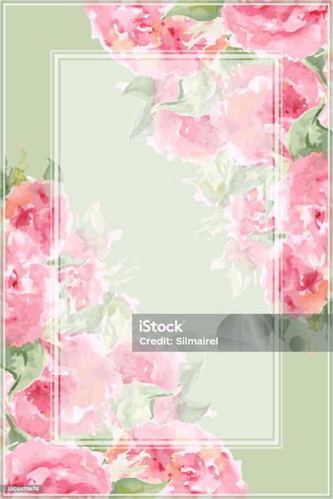 수채화 핑크 Tea 장미 모란 꽃 꽃 컴포지션 프레임 테두리 사원 배경 벡터 개화기에 대한 스톡 벡터 아트 및 기타 이미지 개화기 공란 구도 Istock