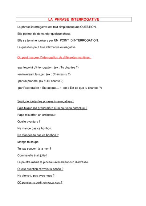 La Phrase Interrogative Exercices Alloschool