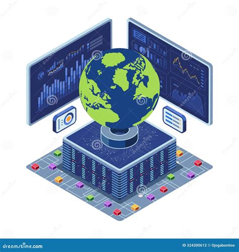 Isometric Global Data Center With Big Data Analytics Screen Stock Illustration Illustration Of