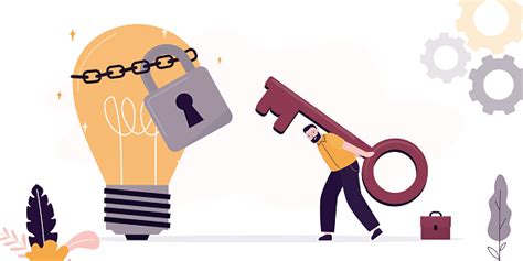 불행한 사업가는 자물쇠가 달린 전구의 무거운 열쇠를 가지고 있습니다 새로운 혁신을 발견하기 위한 열쇠 성공하지 못한 직원은 업무의 장애물을 극복하고 목표를 달성할 수