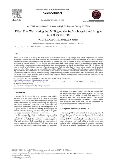 Pdf Effect Tool Wear During End Milling On The Surface Integrity And Fatigue Life Of Inconel 718