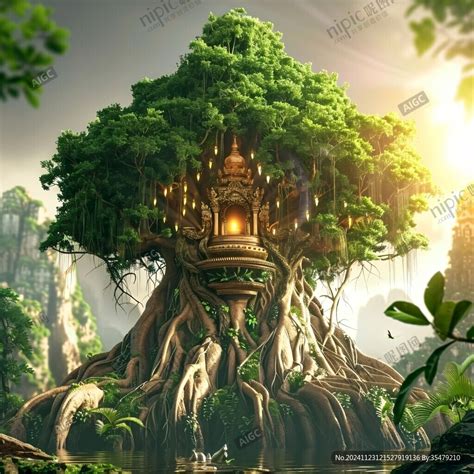 AI创作图仙境古树插画 仙界之树 巨型神树仿制 神话里的树 动漫场景设计 通天神树 天界晓钟风景插画 森系新风格场景 神话场景图 大树梦幻森林