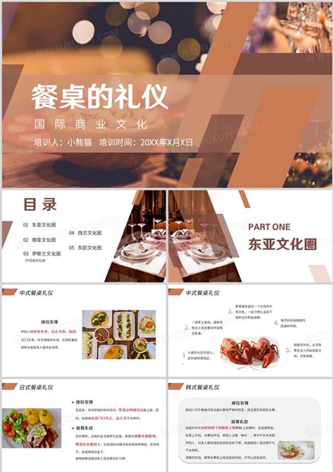 棕色多国餐桌礼仪介绍ppt模板下载熊猫办公
