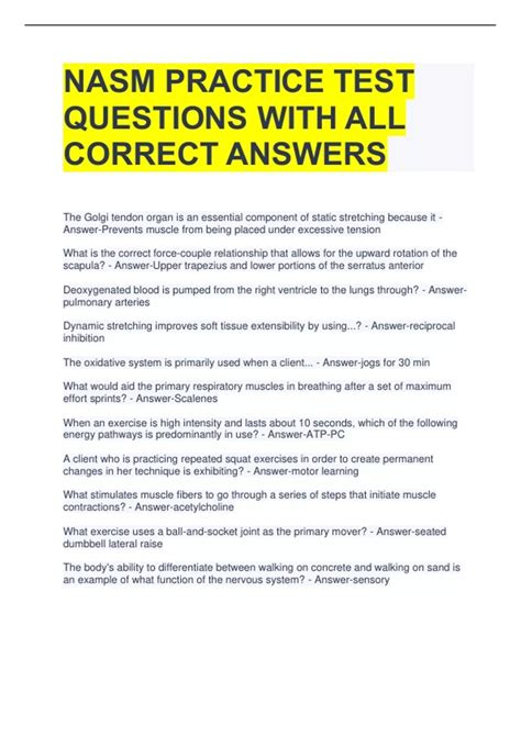 NASM PRACTICE TEST QUESTIONS WITH ALL CORRECT ANSWERS NASM Stuvia US