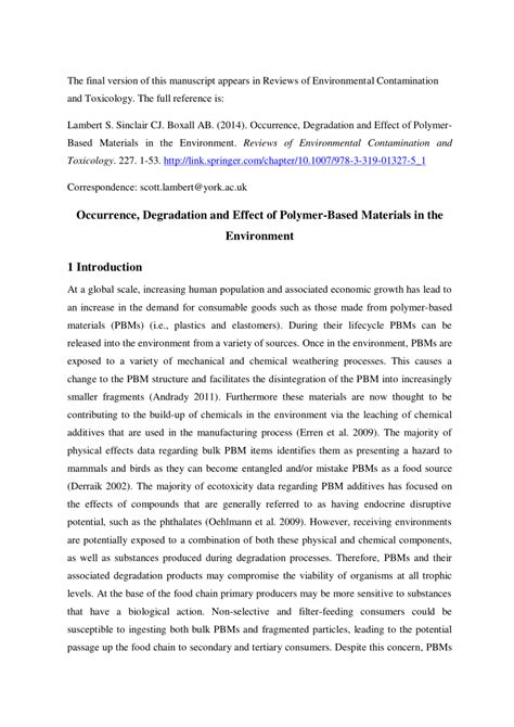 Pdf Occurrence Degradation And Effect Of Polymer Based Materials In The Environment