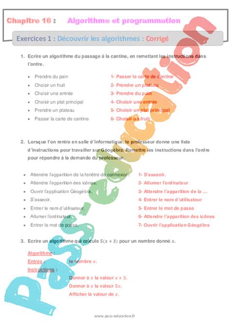 Découvrir Les Algorithmes Exercices Avec Les Corrections 1ere Secondaire Cycle 4 Pdf à