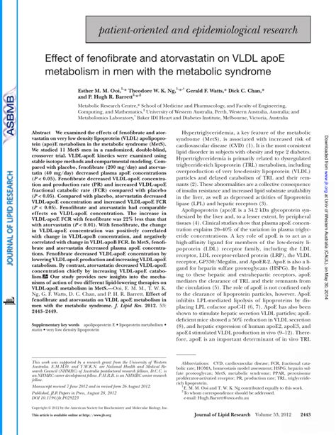 Pdf Effect Of Fenofibrate And Atorvastatin On Vldl Apoe Metabolism In