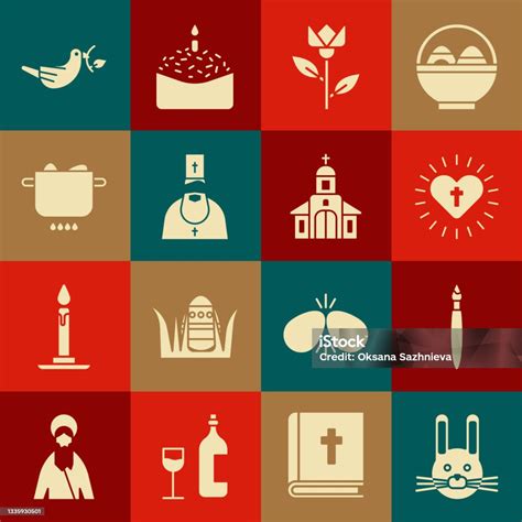 세트 부활절 토끼 페인트 브러시 기독교 십자가와 마음 꽃 튤립 사제 계란 냄비 올리브 가지와 교회 건물 아이콘 평화 비둘기 벡터 건축하기에 대한 스톡 벡터 아트 및 기타