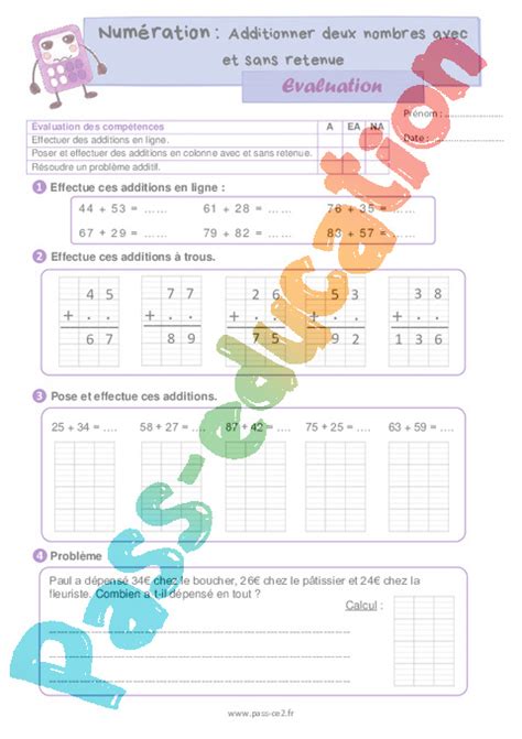 Additionner Deux Nombres Entiers Avec Et Sans Retenue Évaluation De Numération Pour Le Ce2