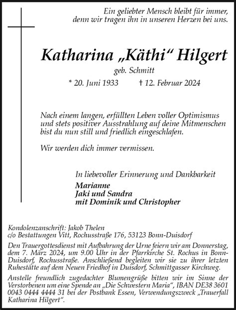 Traueranzeigen Von Katharina Hilgert Ga Trauer De