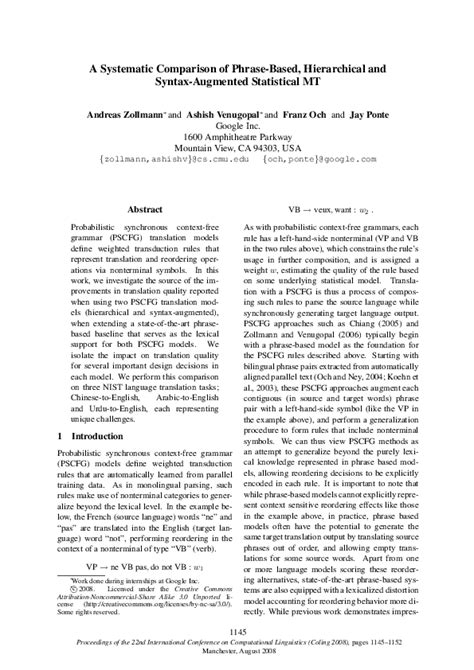 Pdf A Systematic Comparison Of Phrase Based Hierarchical And Syntax