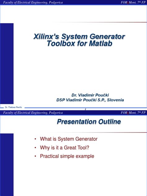 Xilinxs System Generator Toolbox For Matlab Dr Vladimir Poučki Dsp Vladimir Poučki Sp