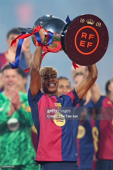 Lamine Yamal Of Fc Barcelona Lifts The La Liga Ea Sports Title Trophy