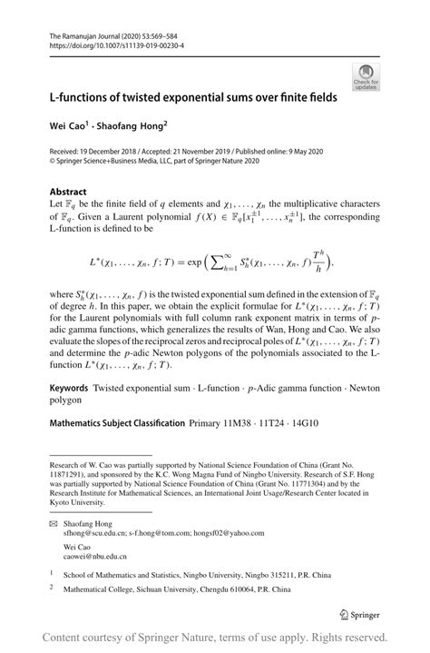 L Functions Of Twisted Exponential Sums Over Finite Fields Request Pdf