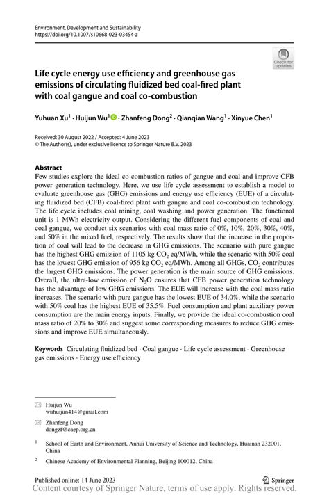 Life Cycle Energy Use Efficiency And Greenhouse Gas Emissions Of Circulating Fluidized Bed Coal