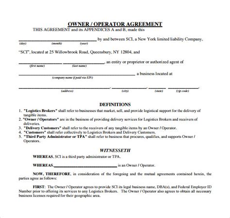 Owner Operator Lease Agreement Template Printable Word Searches