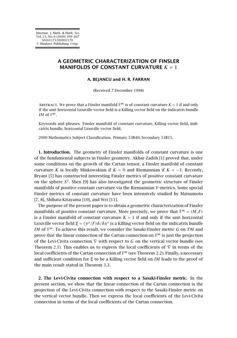 Pdf A Geometric Characterization Of Finsler Manifolds Of Constant Curvature K1