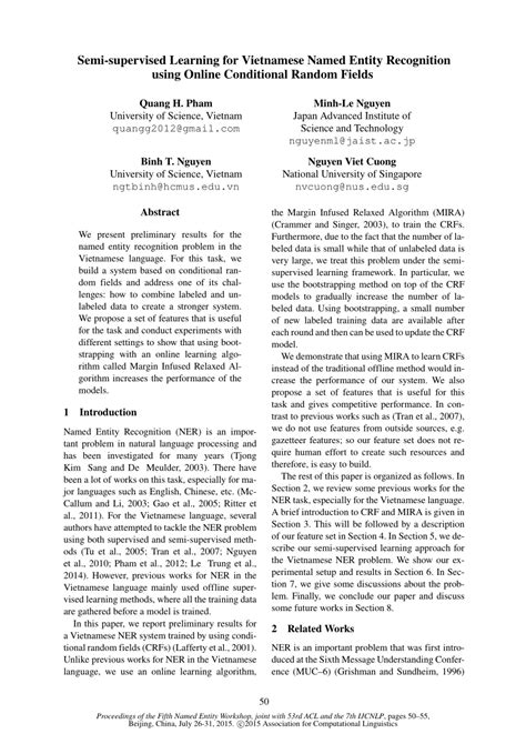 Pdf Semi Supervised Learning For Vietnamese Named Entity Recognition