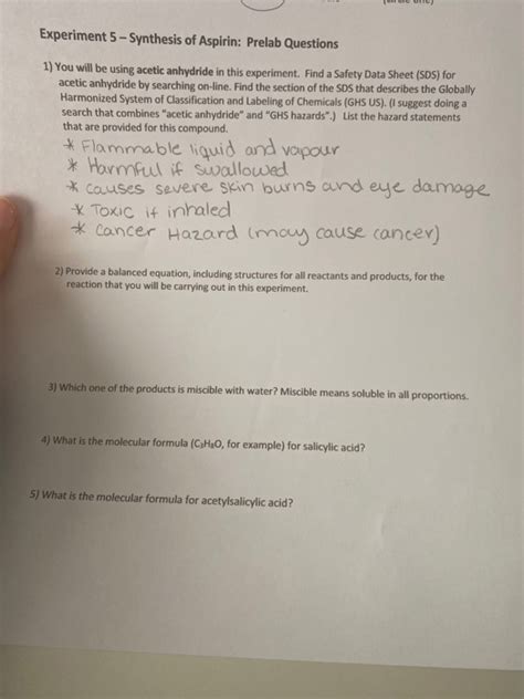 solved experiment 5 synthesis of aspirin prelab question