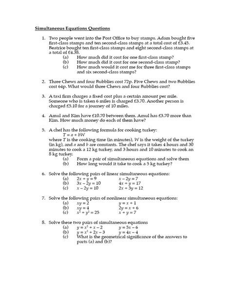 Simultaneous Equations Questions Pdf