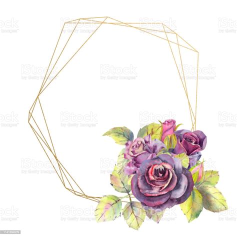 어두운 장미 꽃 녹색 잎 기하학적 인 황금 프레임에 구성 결혼식 꽃의 개념입니다 꽃 포스터 초대장입니다 인사말 카드 또는 초대장의 디자인에 대 한 수채화 조성 0명에 대한