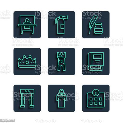 세트 라인 금속 탐지기 강의 정보 깃털과 잉크 병 캐슬 타워 킹 크라운 유리 쇼케이스 전시회 및 역사 책 아이콘을 제공합니다 벡터 감지기에 대한 스톡 벡터 아트 및 기타