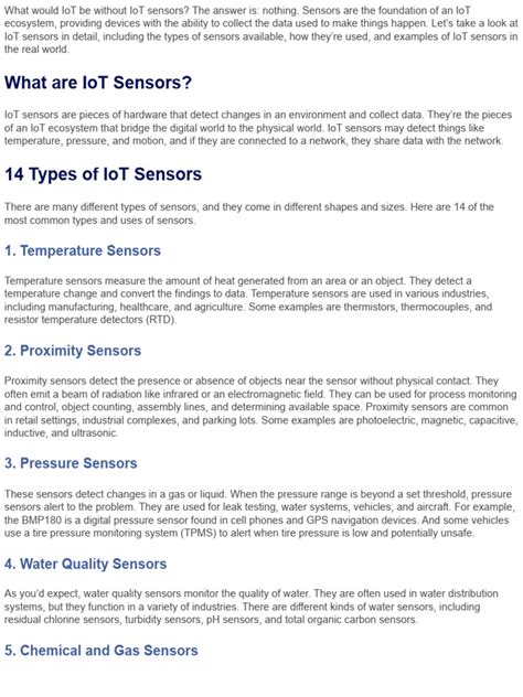 What Are Iot Sensors Types Uses And Examples Pdf