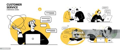 고객 서비스 컨셉 일러스트레이션입니다 기술 지원 도우미 고객 및 운영자 벡터에 대한 개별 장면의 컬렉션 고객 서비스 핫라인 운영자는 고객 온라인 글로벌 기술 지원 24 7을