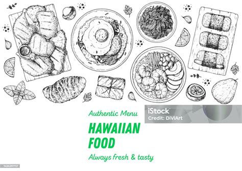 하와이 음식 탑뷰 벡터 일러스트레이션 음식 메뉴 디자인 템플릿 손으로 그린 스케치 하와이 음식 메뉴 빈티지 스타일 훌리 치킨 로코 모코 포이 칼루아 돼지 고기 스팸 무수비