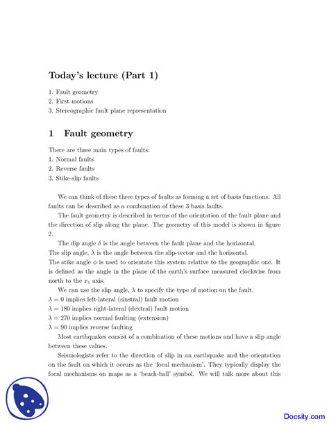 Fault Geometry Seismology Lecture Notes Docsity