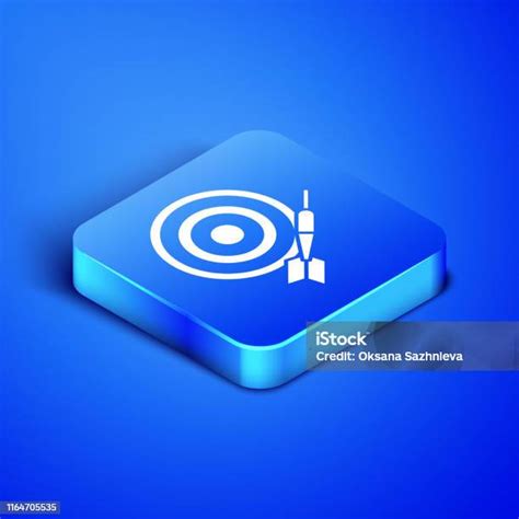 아이소메트릭 클래식 다트 보드와 파란색 배경에 격리 된 화살표 아이콘입니다 다트 보드 간판입니다 게임 개념입니다 파란색 사각형 버튼입니다 벡터 일러스트레이션 개념에 대한