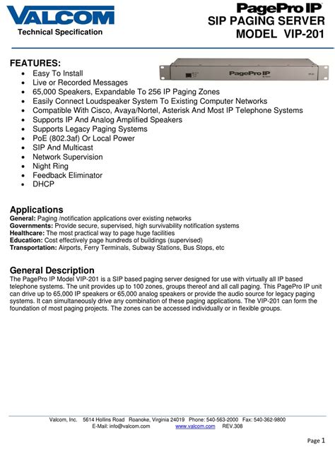 Valcom Pagepro Ip Vip 201 Technical Specification Pdf Download Manualslib