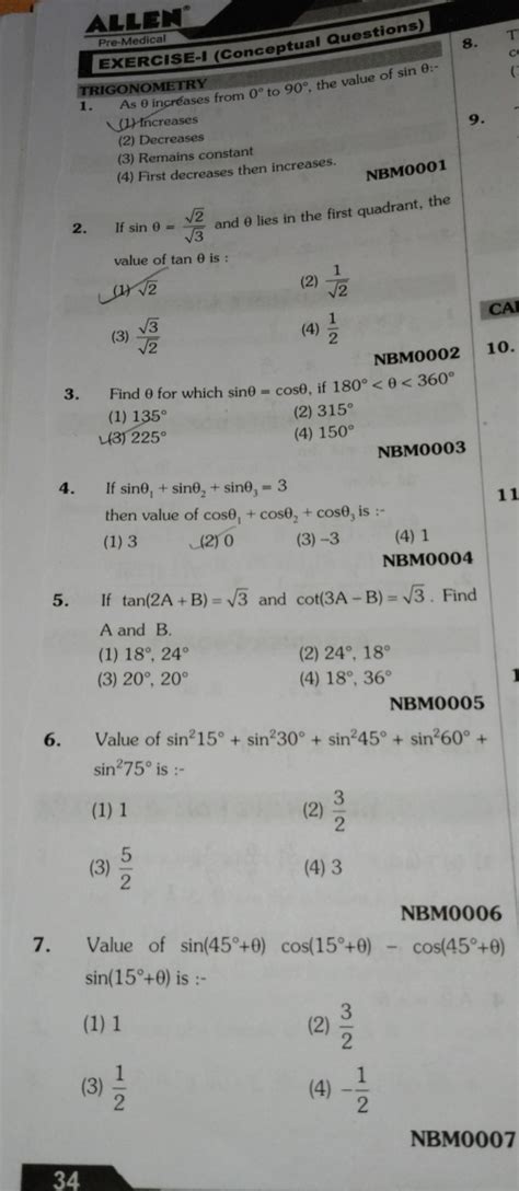 Exercise I Conceptual Questions Pre Medical Trigonometry As Theta Inc