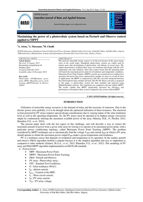Pdf Maximizing The Power Of A Photovoltaic System Based On Perturb And Observe Control Applied