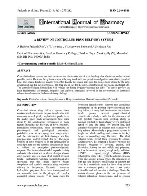 A Review On Controlled Drug Delivery System Pdf Polymers Dose Biochemistry
