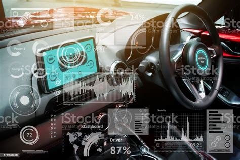 스마트 자동차 개념입니다 차량 및 자가 운전 모드 자동차 그래픽 화면 플레어 빛에서 빈 조종석 운전하기에 대한 스톡 사진 및