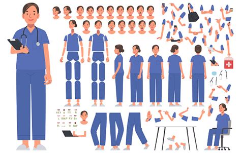 간호사 여의사 맞춤형 일러스트레이션 및 캐릭터 애니메이션을 만들기 위한 설정입니다 팔 다리 머리의 다양한 위치 벡터 일러스트 레이 션 간호사에 대한 스톡 벡터 아트 및 기타
