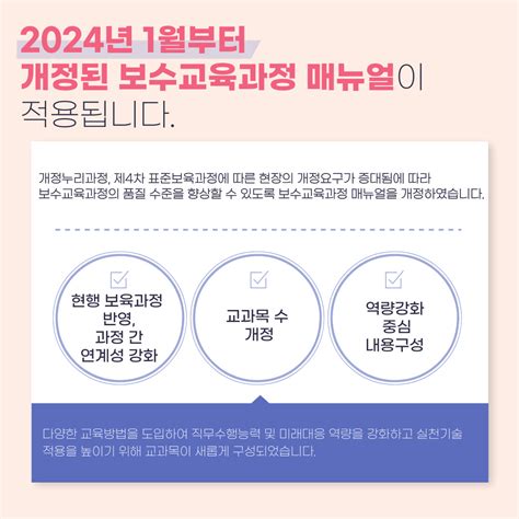 한국보육진흥원 📌보육교직원 보수교육과정 개정 관련 안내 개정 보수교육과정이 2024년 1월부터