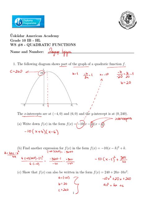 Ws 8 Quadrartic Functions Pdf Cartesian Coordinate System Quadratic Equation