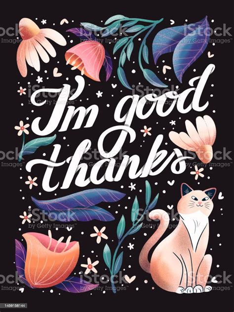 나는 꽃과 함께 좋은 감사 손 편지 카드입니다 타이포그래피와 꽃 장식과 어두운 배경에 고양이 화려한 축제 그림입니다 0명에 대한