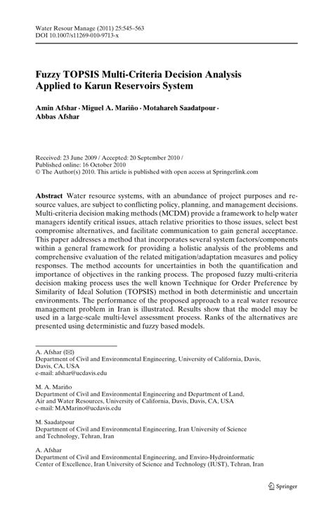 Pdf Fuzzy Topsis Multi Criteria Decision Analysis Applied To Karun Reservoirs System